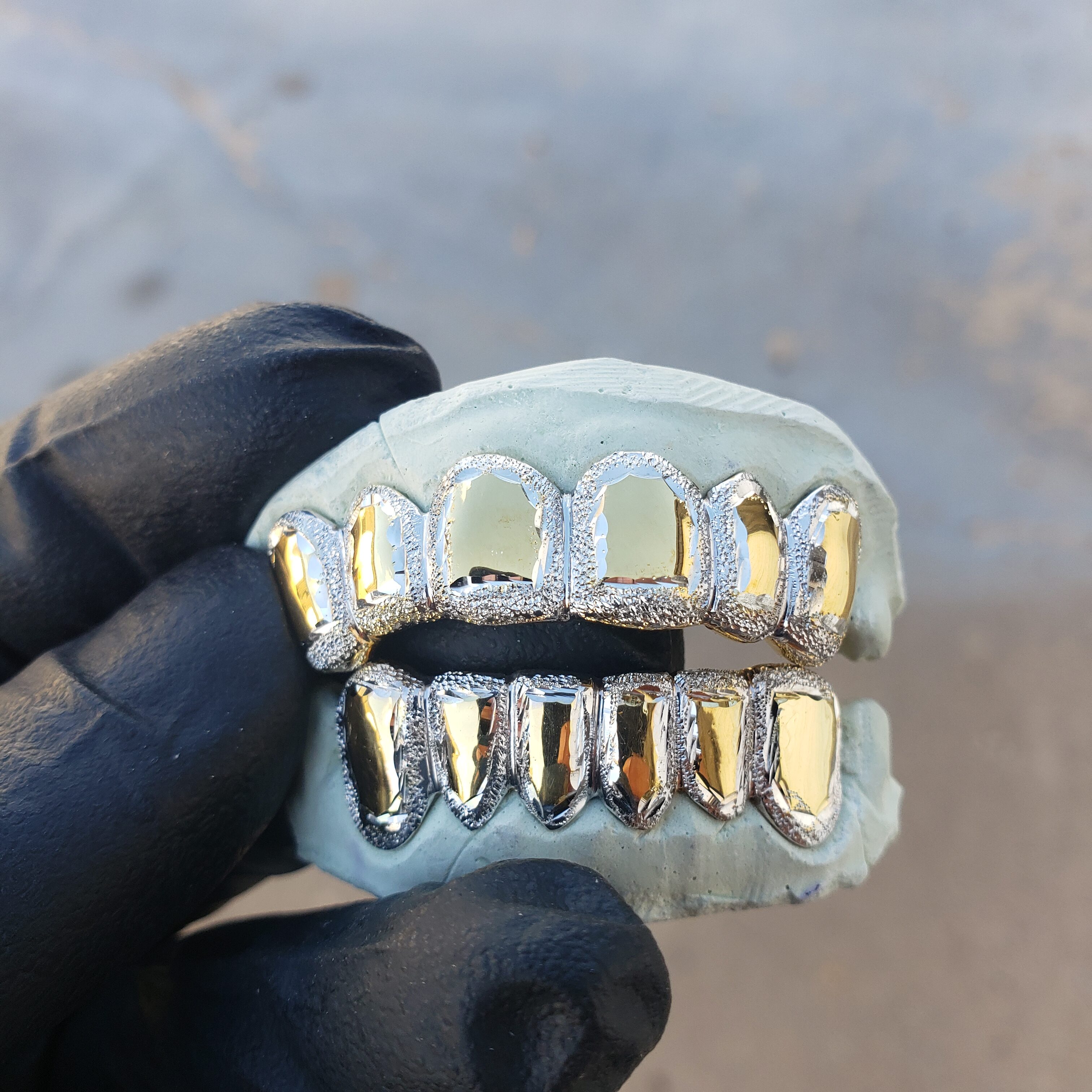 Yellow and White Gold Frame Diamond Dust Grillz | GotGrillz
