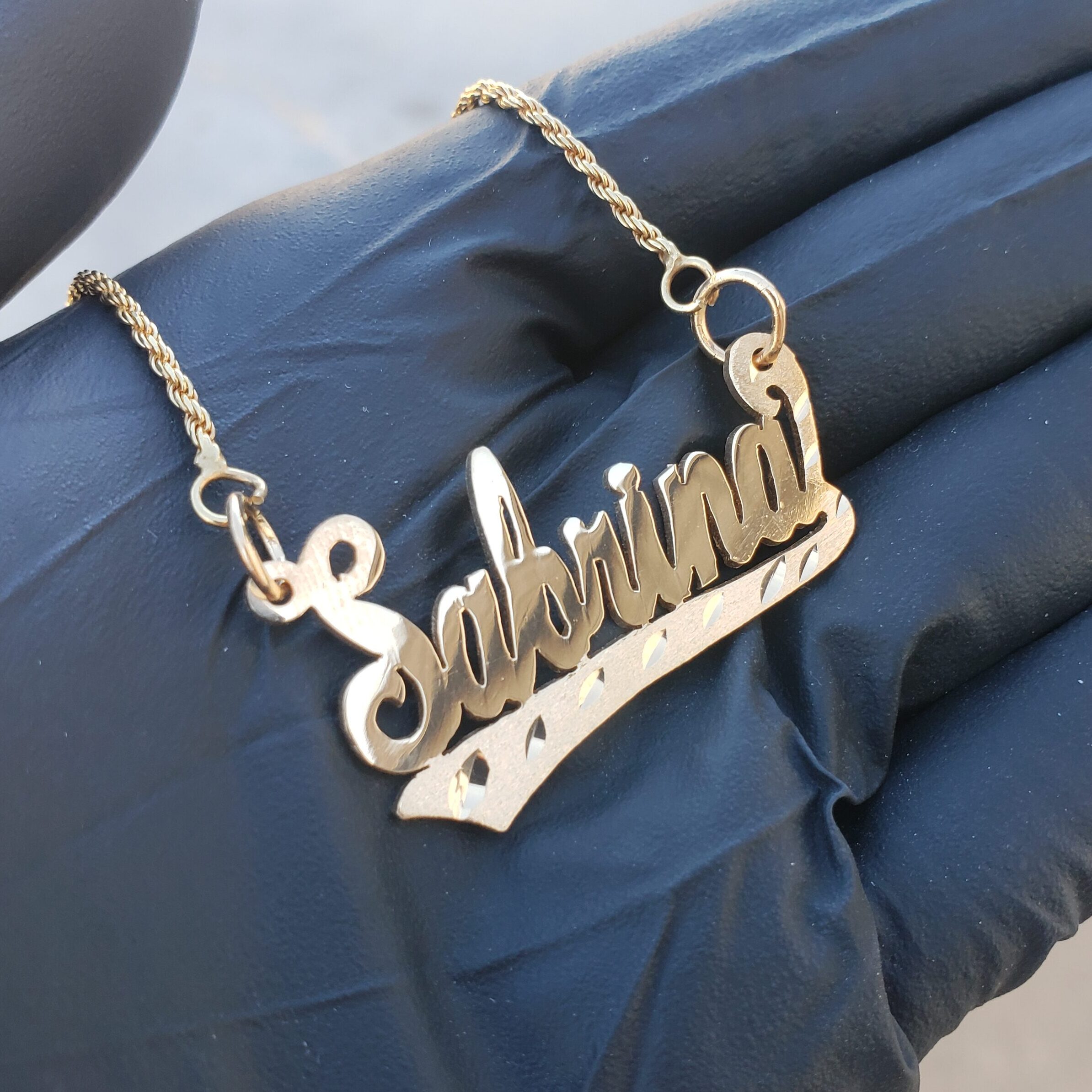 Gold Custom Personalized Solid Cursive Nameplate Pendant With Rope